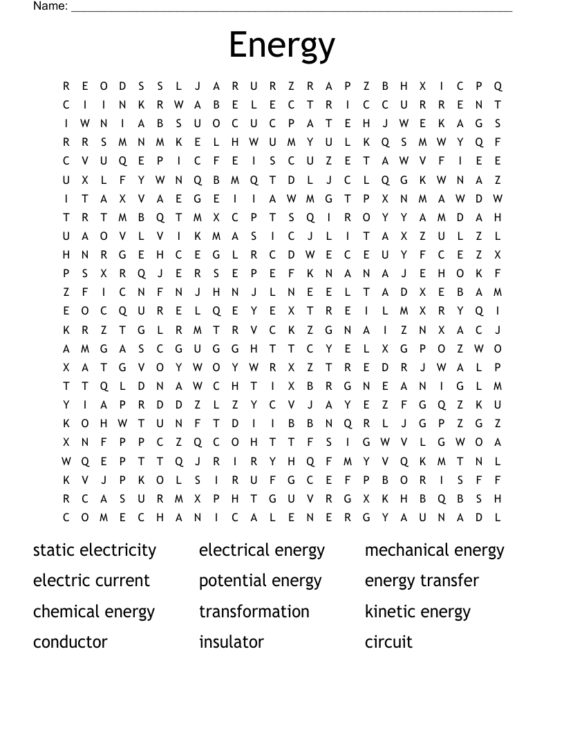 Energy Word Search - WordMint