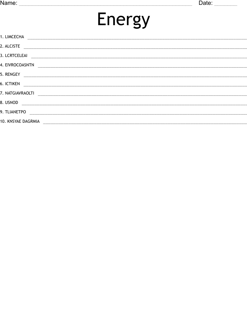 Energy Word Scramble - WordMint