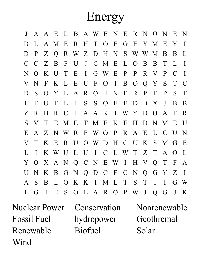 Energy Word Search - WordMint