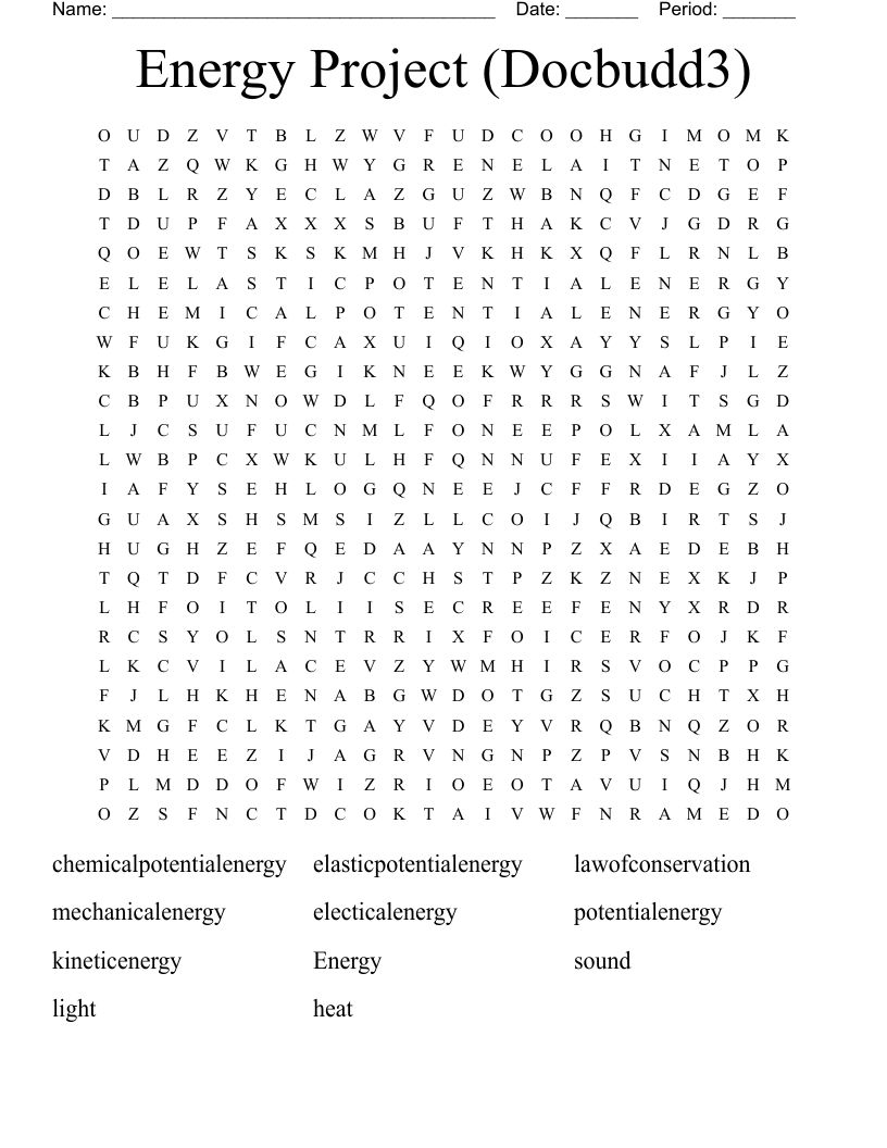 Energy Project (Docbudd3) Word Search - WordMint