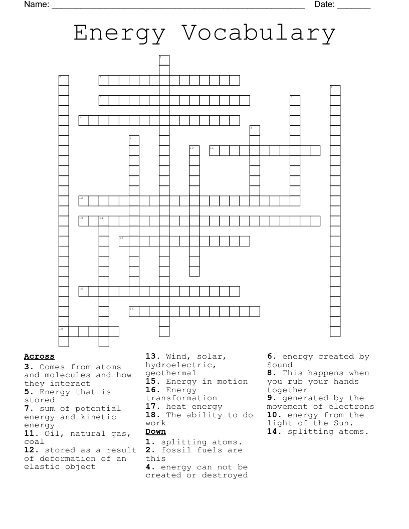Energy Vocabulary Crossword WordMint