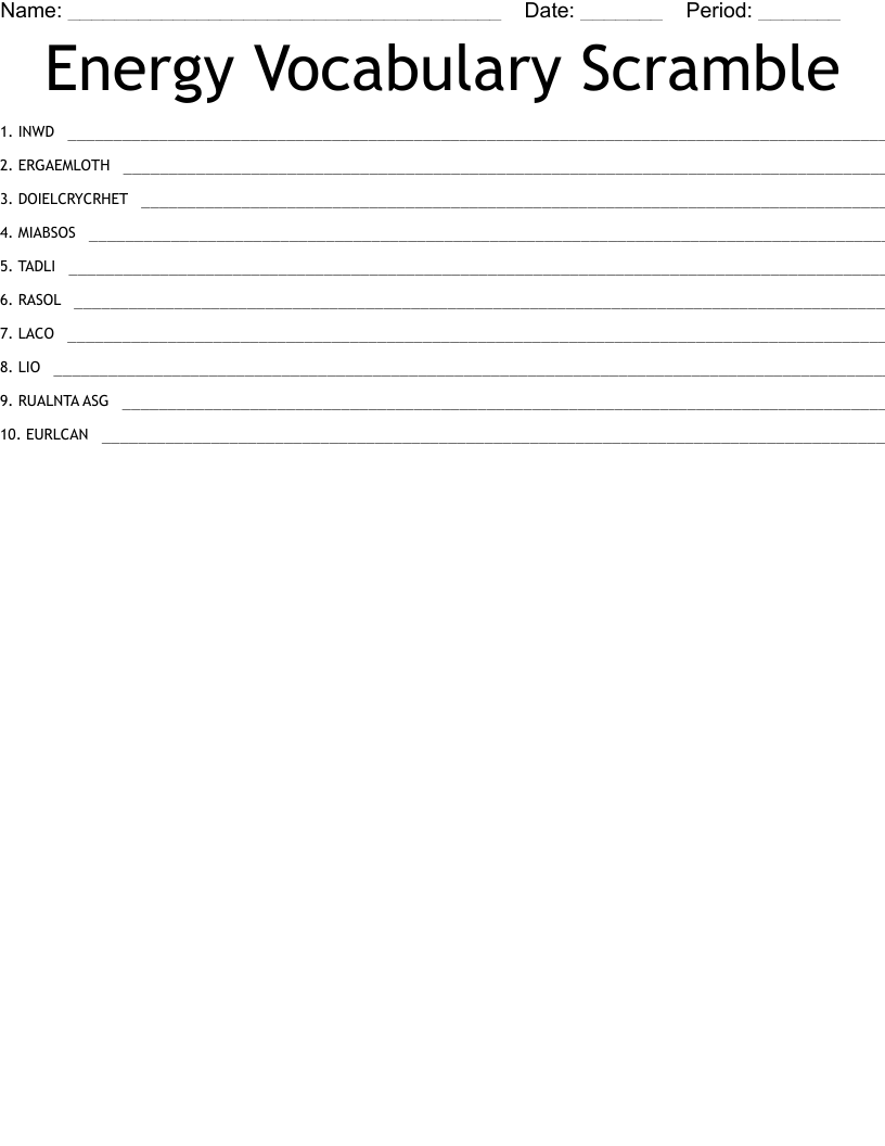 Energy Vocabulary Scramble - WordMint