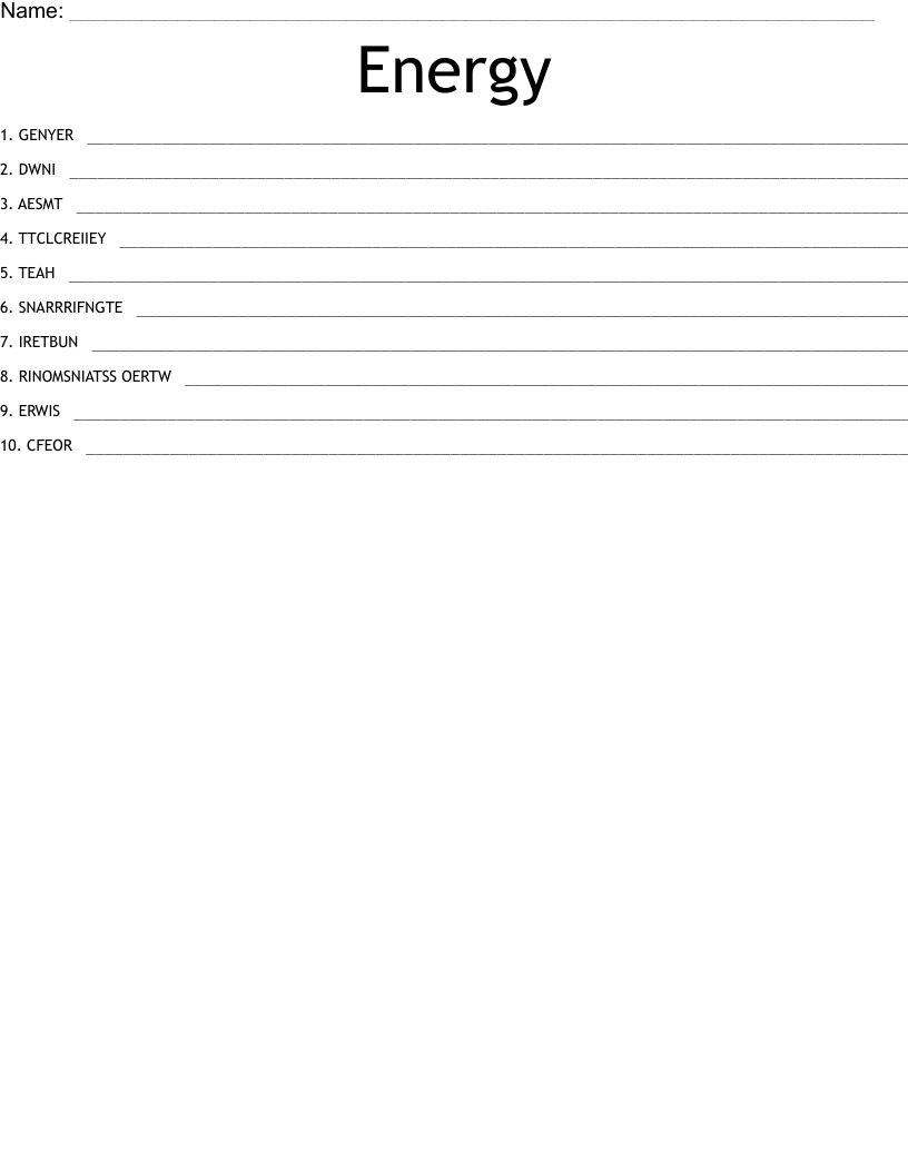 Energy Word Scramble - WordMint