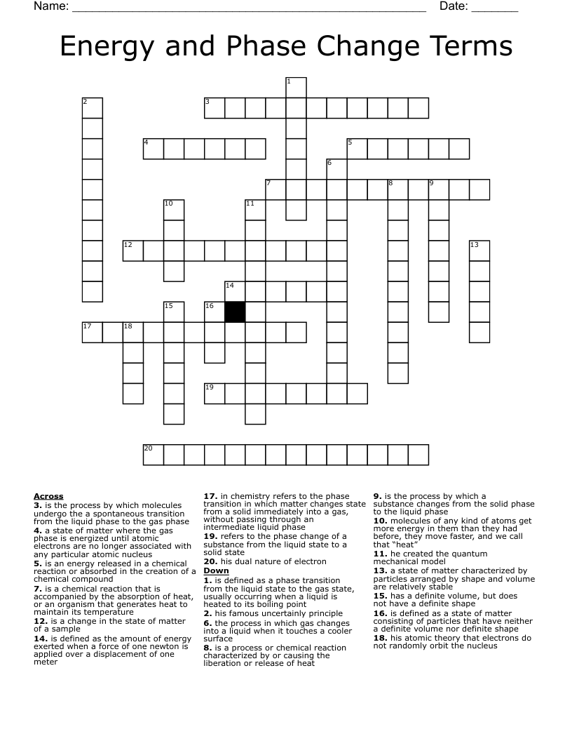 Energy and Phase Change Terms Crossword - WordMint