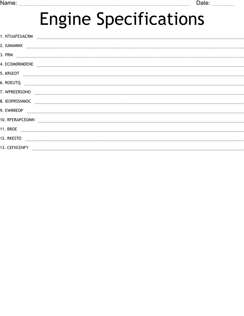 Engine Specifications Word Scramble - WordMint