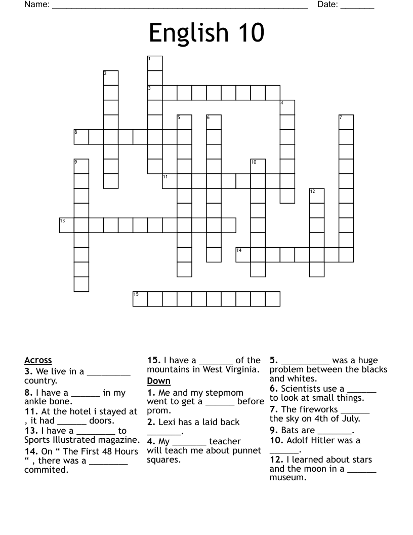 English 10 Crossword - WordMint