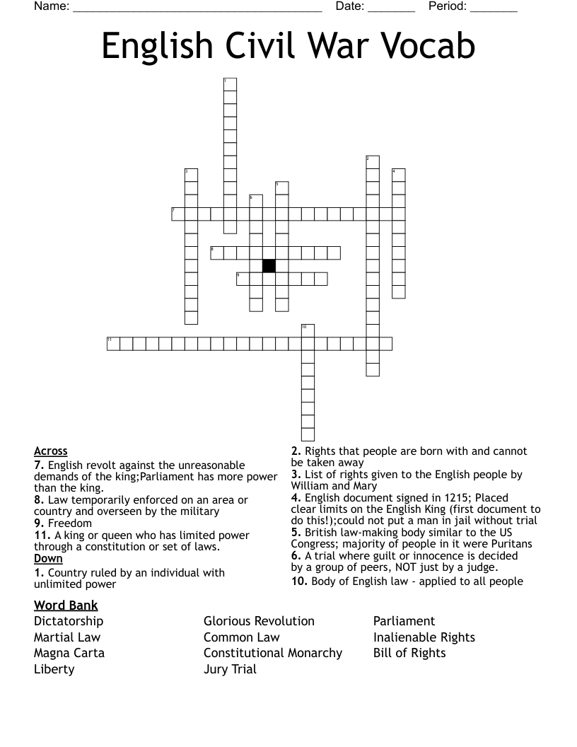 English Civil War Vocab Crossword - WordMint