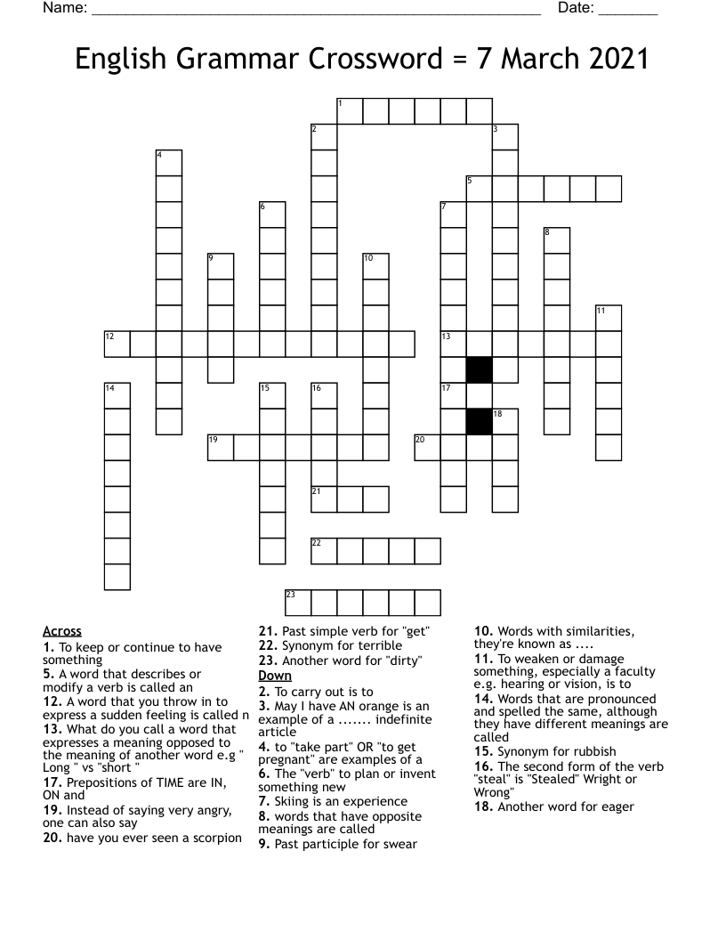 English Grammar Crossword = 7 March 2021 - WordMint