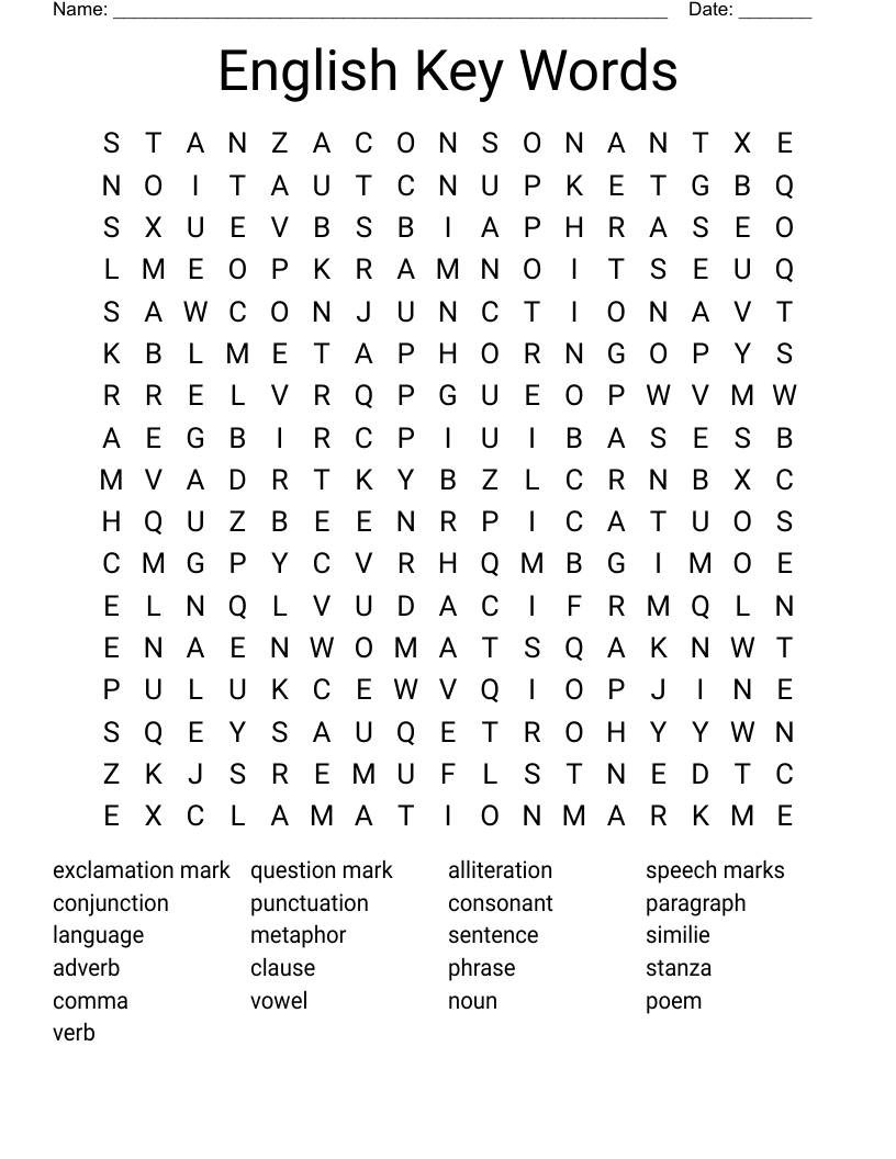 English Key Words Word Search WordMint