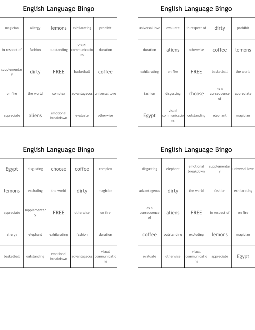 English Language Bingo - WordMint