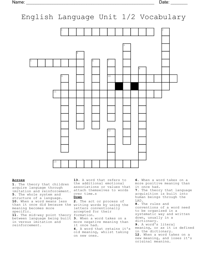 English Language Unit 1/2 Vocabulary Crossword - WordMint