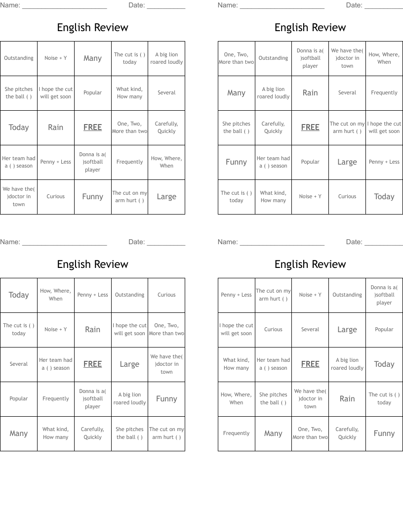 English Review Bingo Cards - WordMint