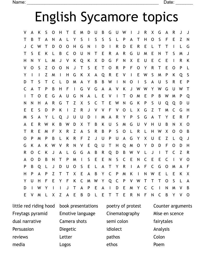 English Sycamore topics Word Search - WordMint
