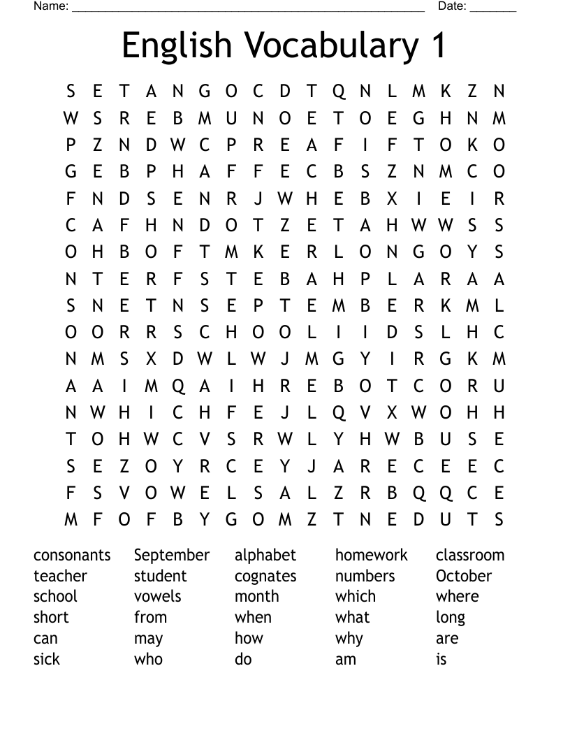 English Vocabulary 1 Word Search - WordMint