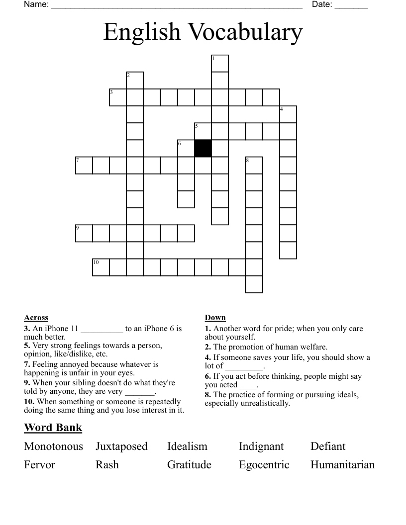 English Vocabulary Crossword - WordMint