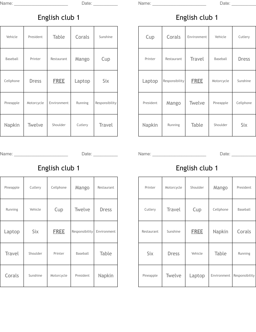 English club 1 Bingo Cards - WordMint
