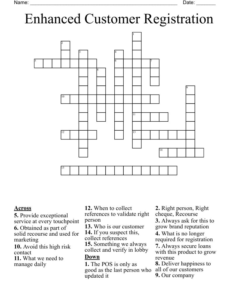 Enhanced Customer Registration Crossword - WordMint