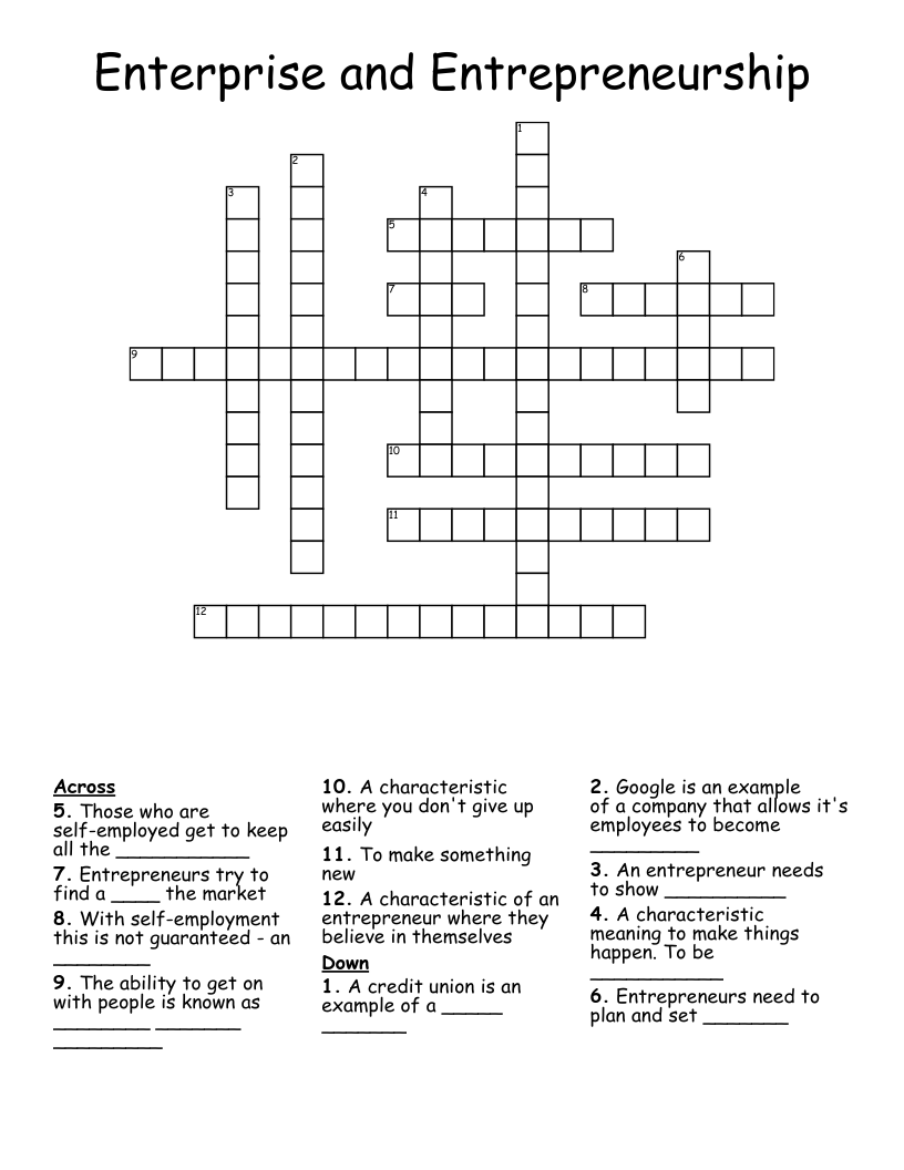 Enterprise and Entrepreneurship Crossword - WordMint