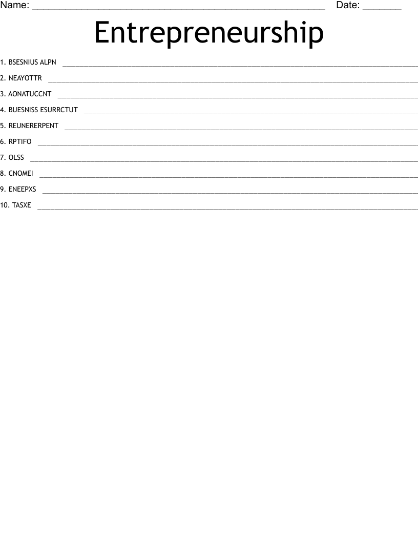 Entrepreneurship Word Scramble - WordMint