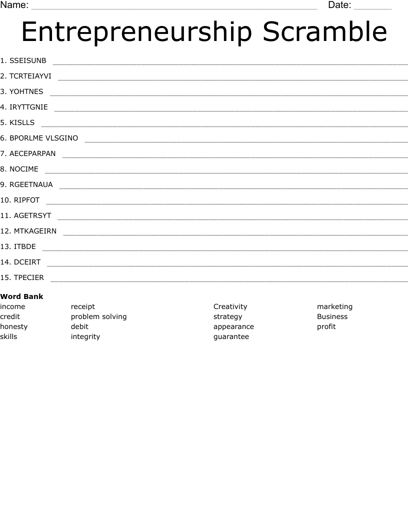 Entrepreneurship Scramble - WordMint