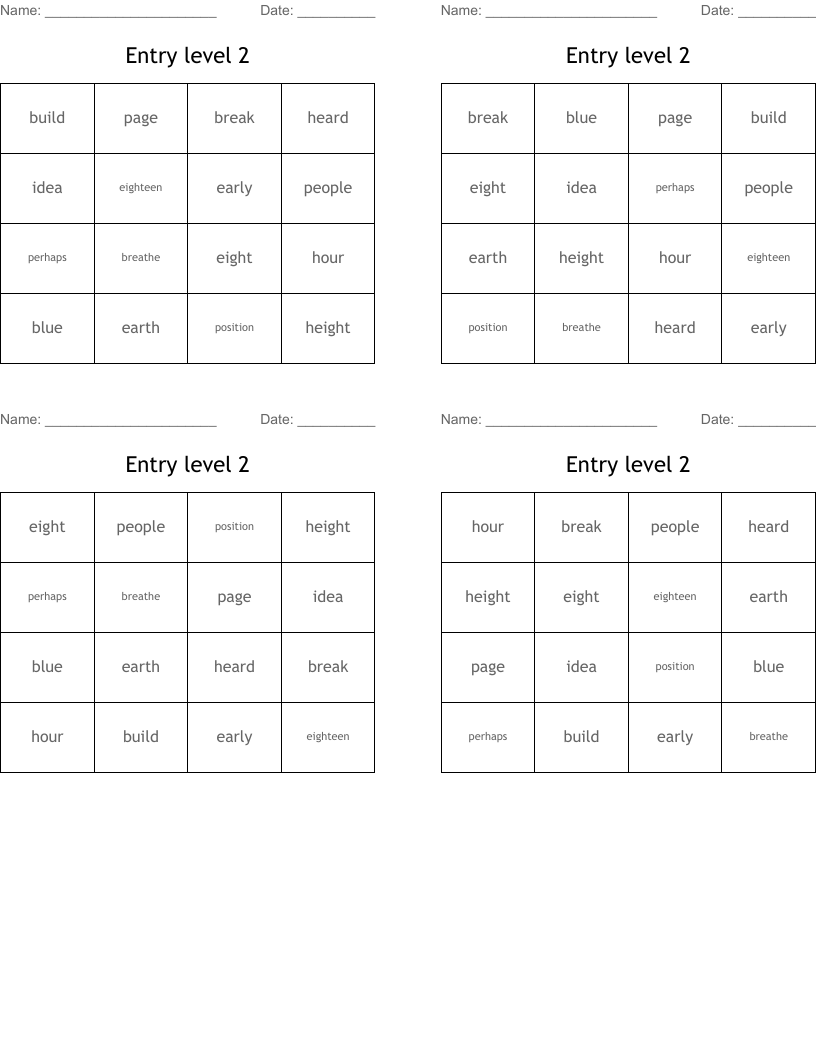 Entry level 2 Bingo Cards - WordMint
