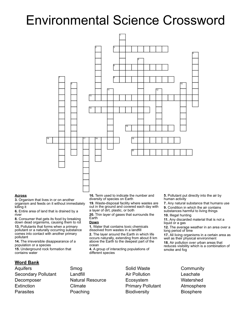 Environmental Science Crossword WordMint