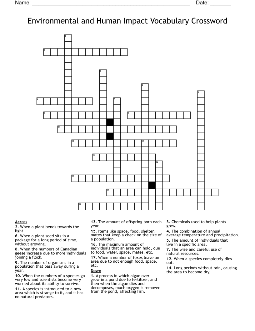 Environmental and Human Impact Vocabulary Crossword - WordMint