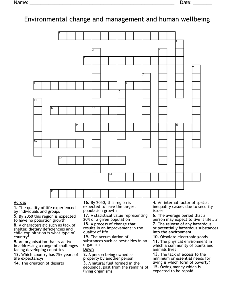 Environmental change and management and human wellbeing Crossword ...