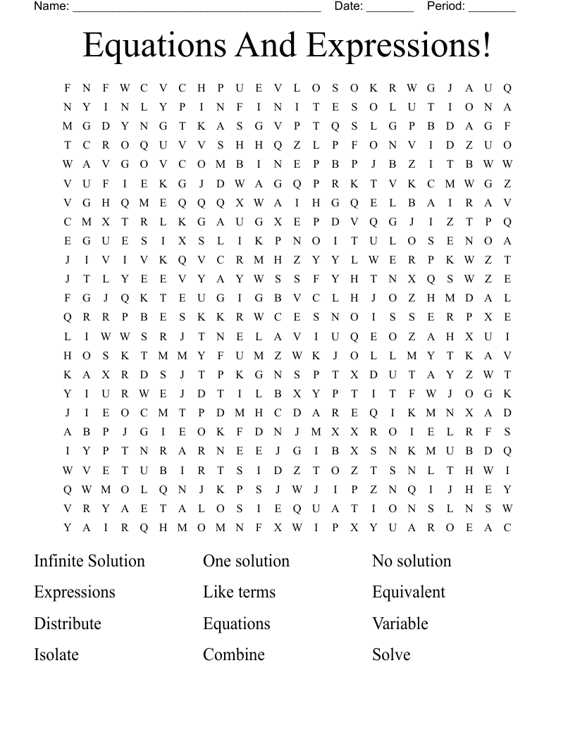 Equations And Expressions! Word Search - WordMint