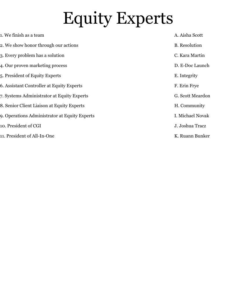 Equity Experts Worksheet - WordMint