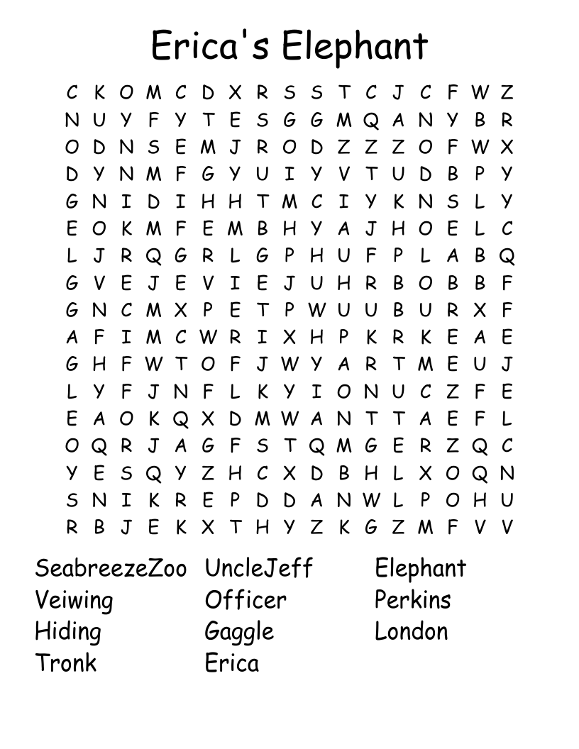 Erica's Elephant Word Search - WordMint