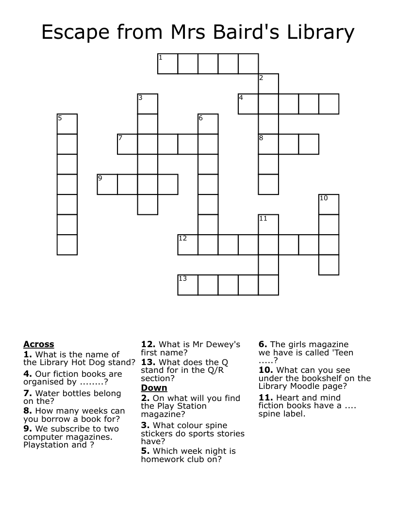 Escape from Mrs Baird's Library Crossword - WordMint