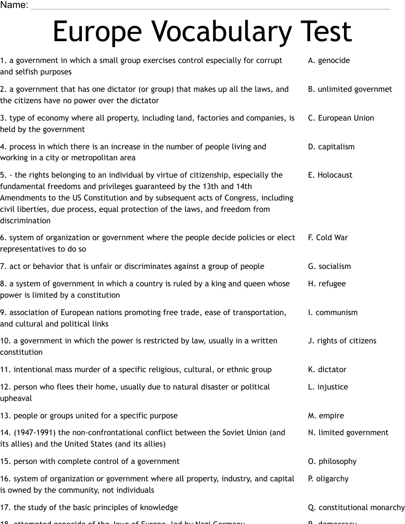 Europe Vocabulary Test Worksheet - WordMint
