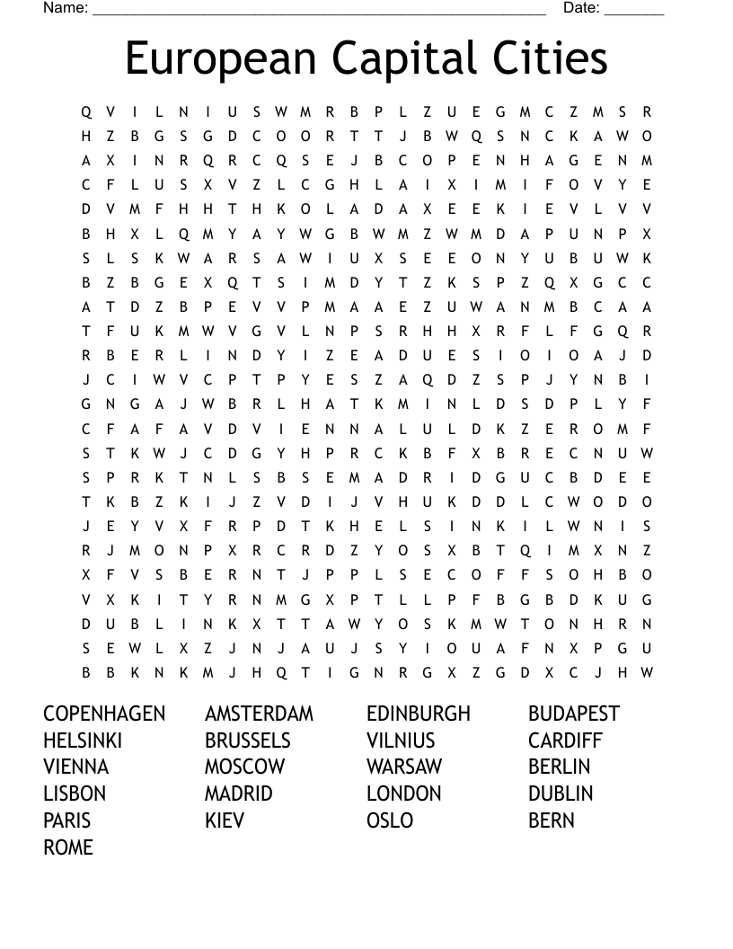 European Capital Cities Word Search WordMint
