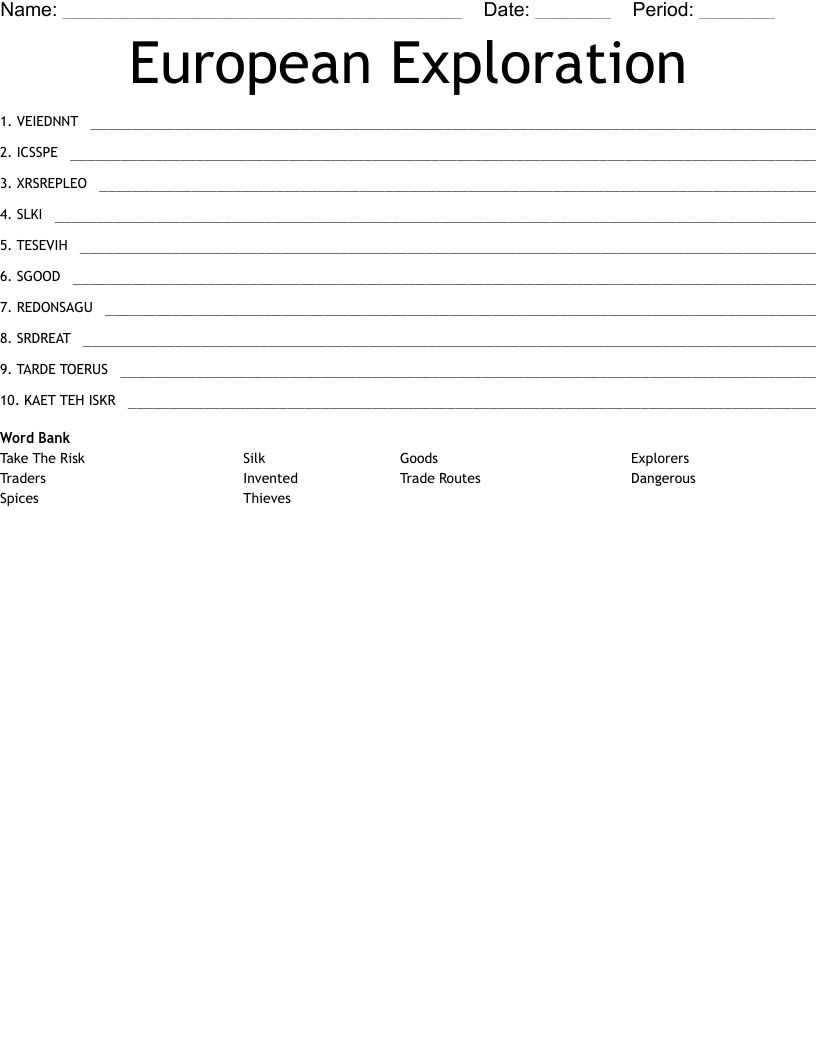 European Exploration Word Scramble - WordMint