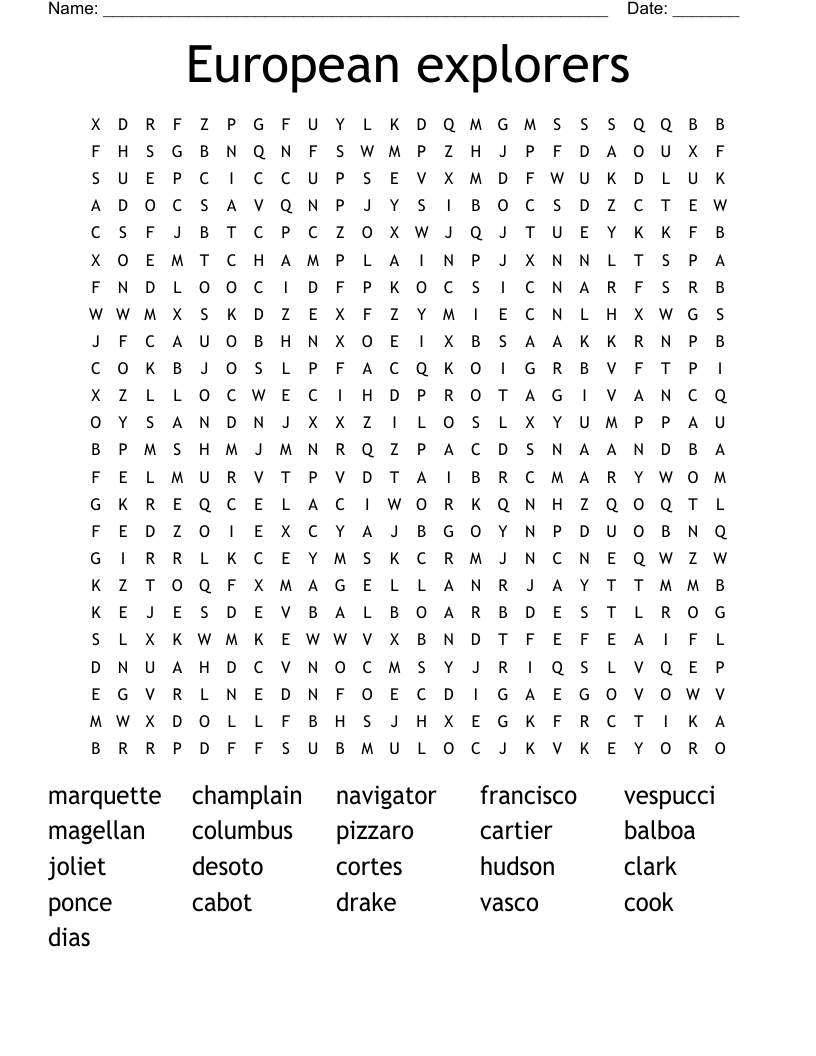 European explorers Word Search - WordMint