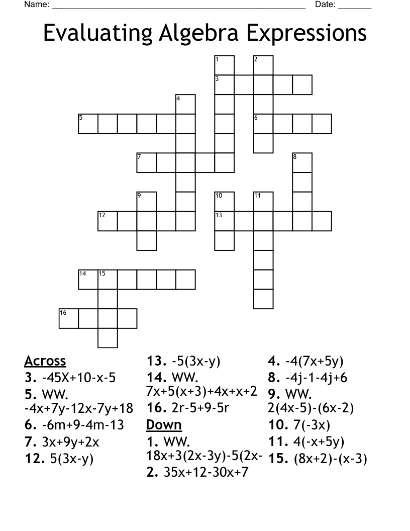 Evaluating Algebra Expressions Crossword WordMint