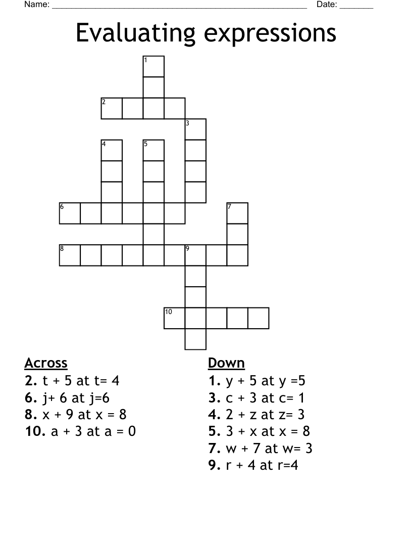 Evaluating expressions Crossword - WordMint