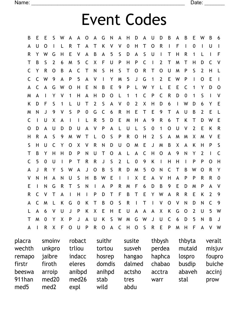 Event Codes Word Search - WordMint