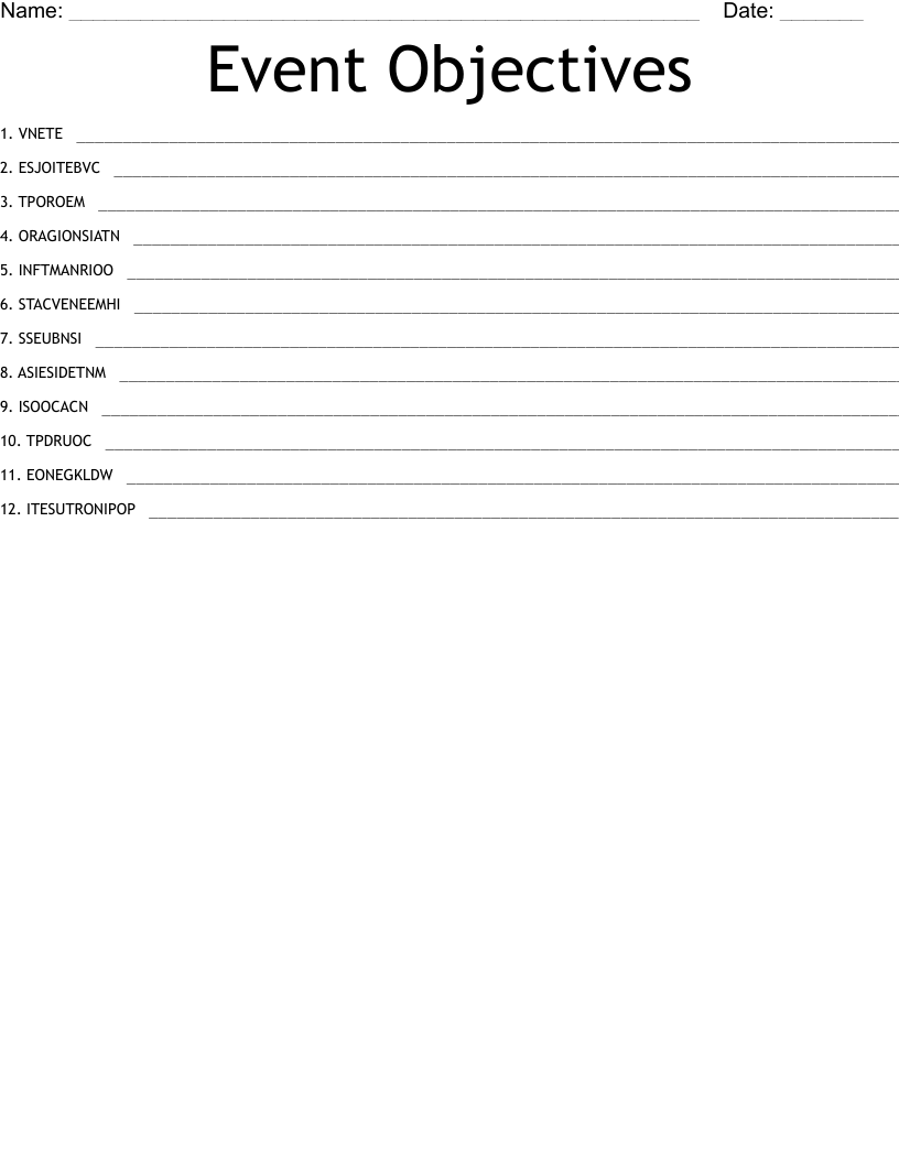 Event Objectives Word Scramble - WordMint