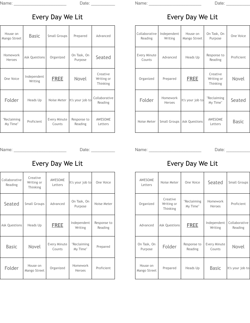 Every Day We Lit Bingo Cards - WordMint