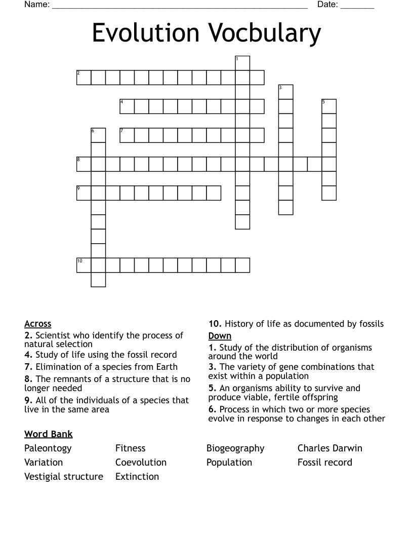 Evolution Vocbulary Crossword - WordMint