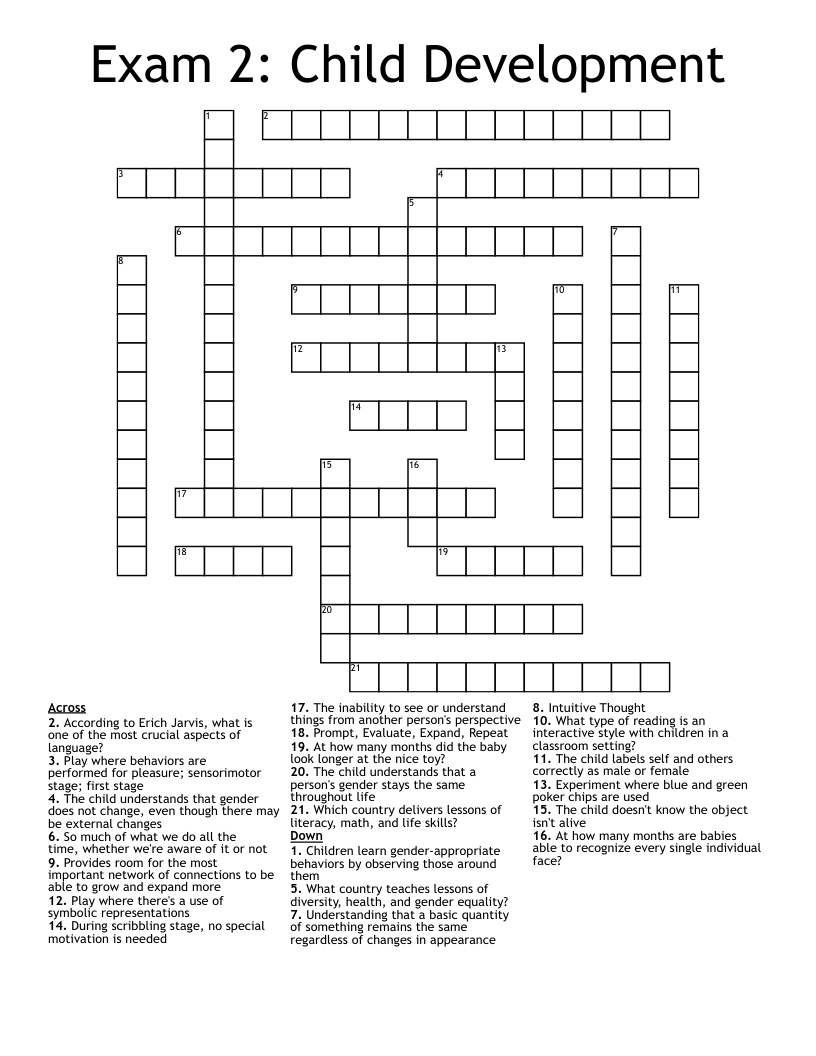 Exam 2: Child Development Crossword - WordMint