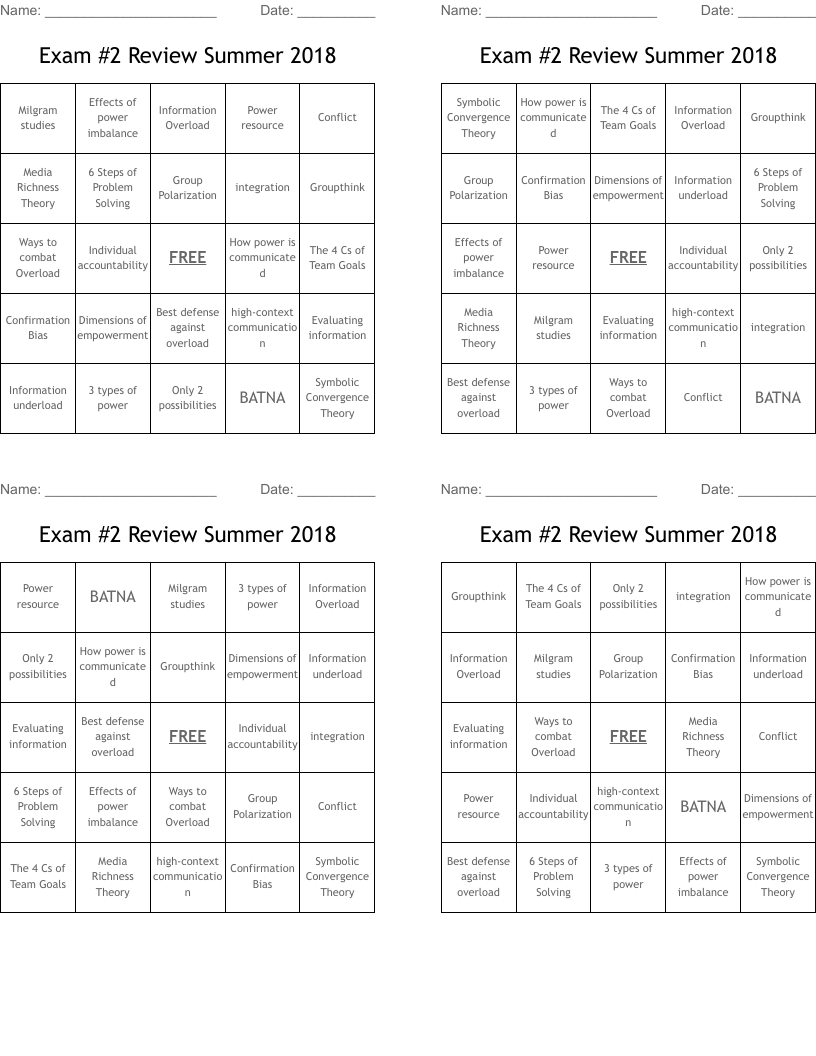 Exam #2 Review Summer 2018 Bingo Cards - WordMint