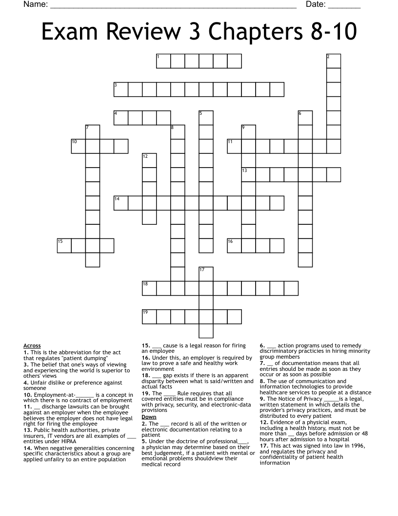 Exam Review 3 Chapters 8-10 Crossword - WordMint