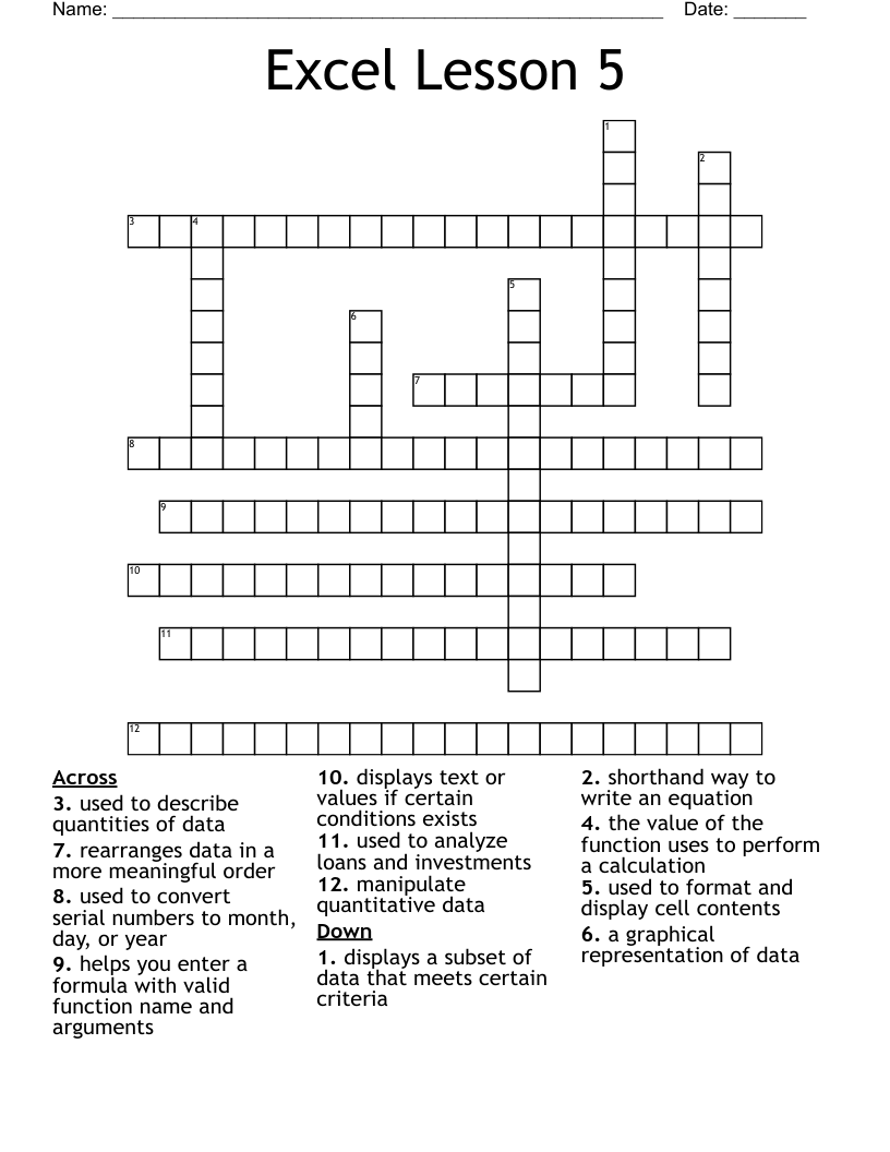 Excel Lesson 5 Crossword - WordMint