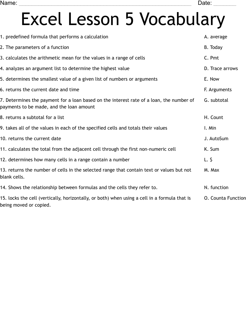 Excel Lesson 5 Vocabulary Worksheet WordMint