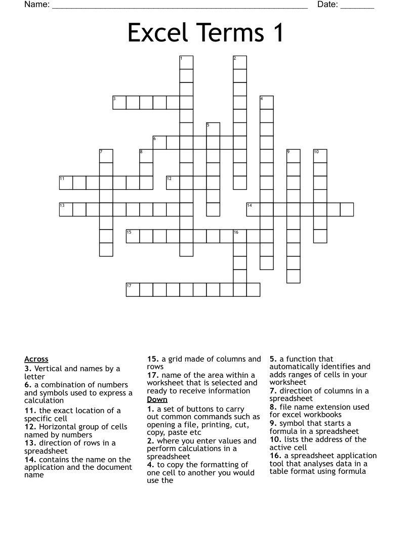 Excel Terms 1 Crossword WordMint