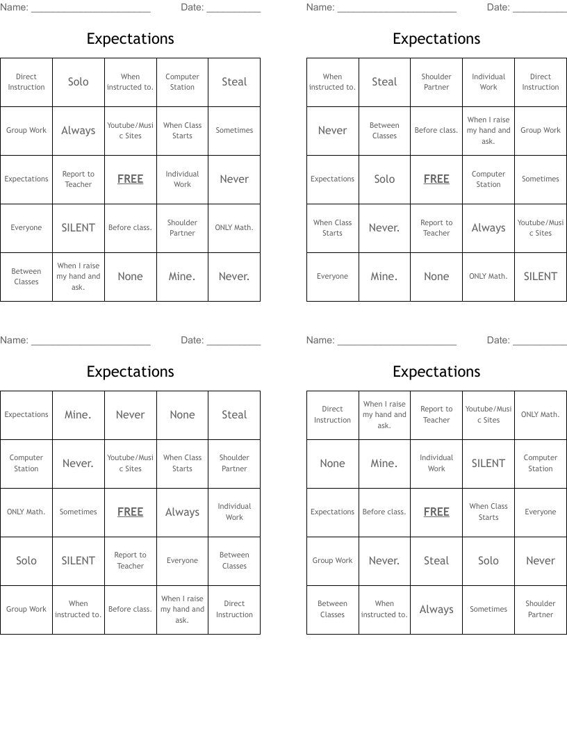Expectations Bingo Cards - WordMint