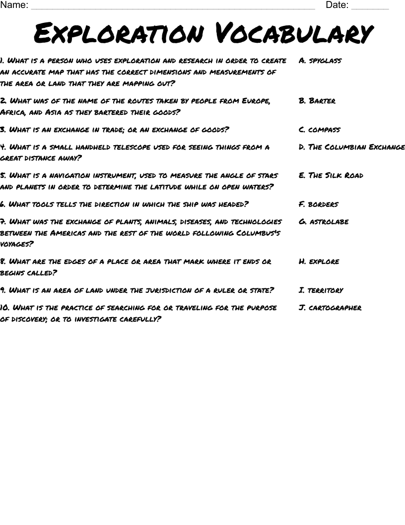 Exploration Vocabulary Worksheet - WordMint